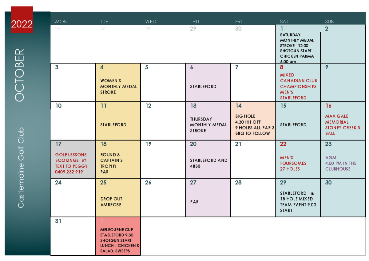 Calendar of Events - Castlemaine Golf Club